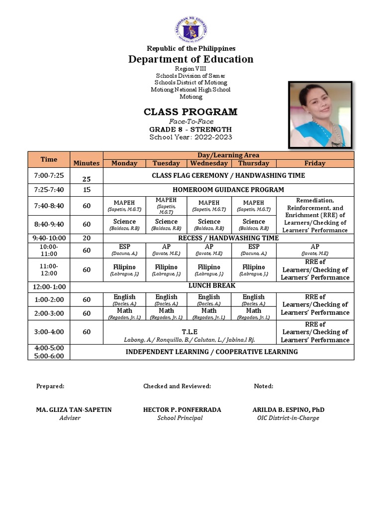 Grade 8 Class Schedule at Motiong National High School | PDF