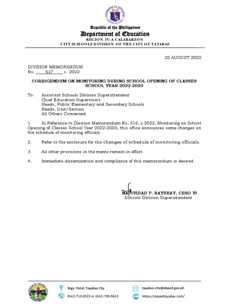 Div Memo For Monitoring of School Opening | PDF