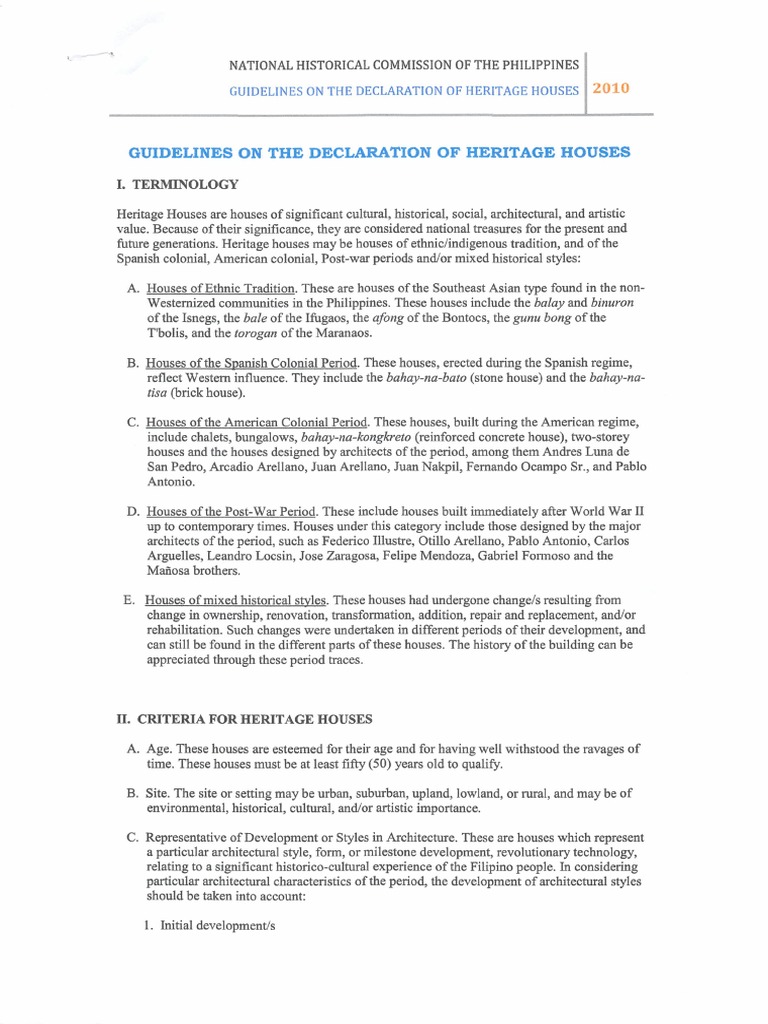 NHCP - Guidelines On The Declaration of Heritage Houses | PDF | Philippines