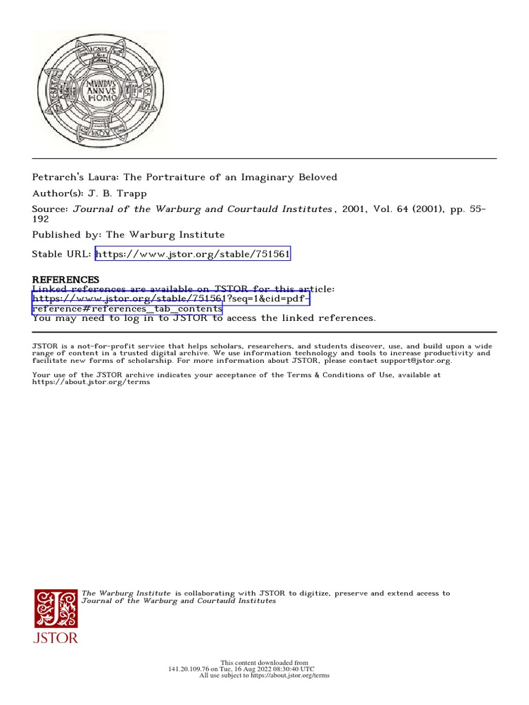 J. B. Trapp. Petrarchs Laura. The Portraiture of An Imaginary Beloved | PDF