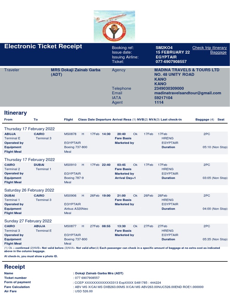 DOKAJI ZAINAB GARBA MRS Ticket Receipt | PDF | Transport | Aviation