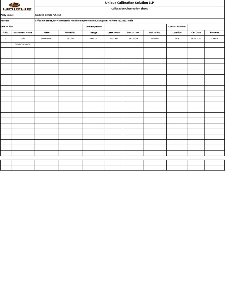 Calibration Observation Sheet: 1 UTM Dayanand Di - Utm 400 KN 0.01 KN ...