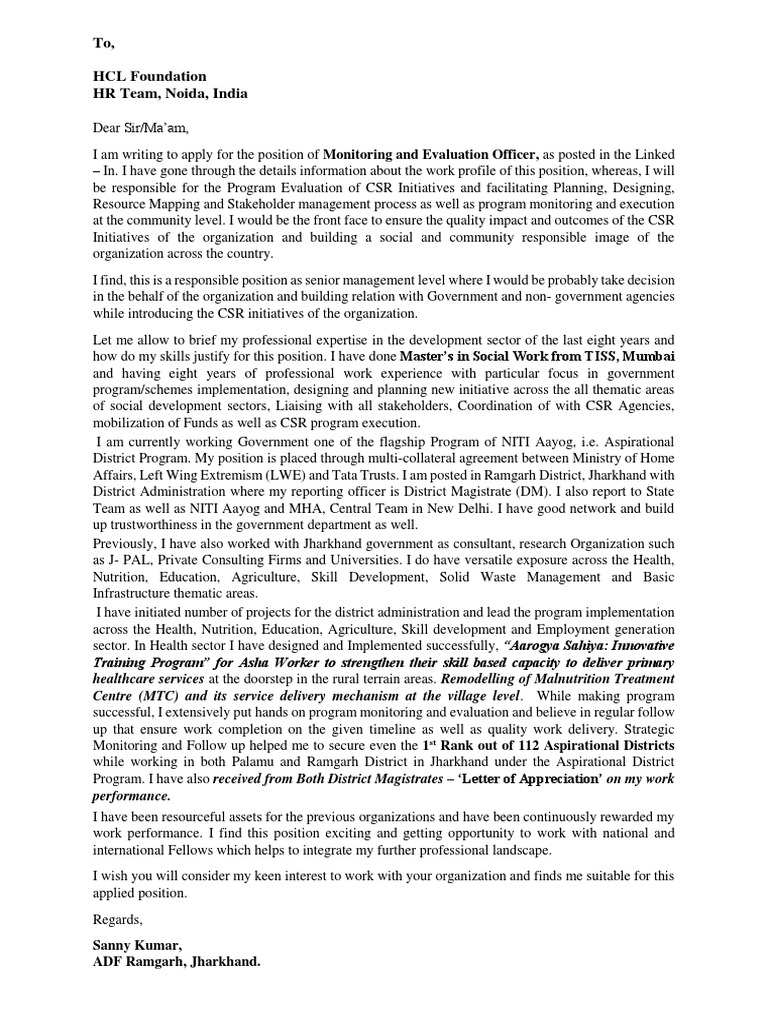 Cover Letter - HCL Foundation | PDF | Corporate Social Responsibility ...