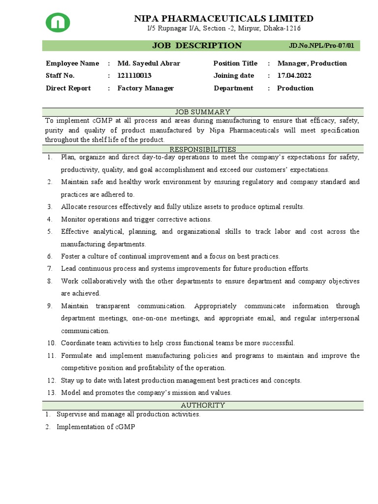 Production Manager Job Description | PDF | Communication | Employment