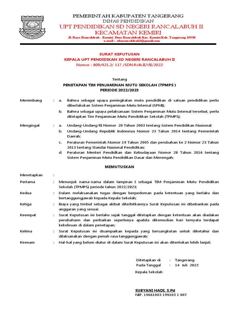 CONTOH SK TPMPS - Team Penjamin Mutu Sekolah - 1920 - RCLB 2 | PDF