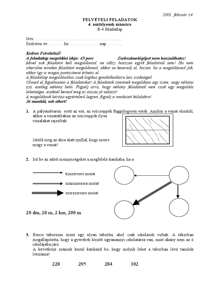 Matek Felvételi 4. Osztály 2 | PDF