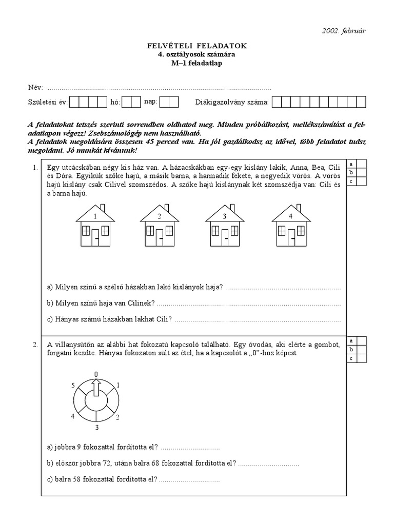 Matek Felvételi 4. Osztály 3 | PDF
