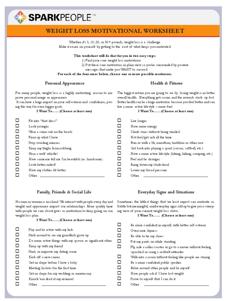 Weight Loss Motivational Worksheet: Health & Fitness Personal ...