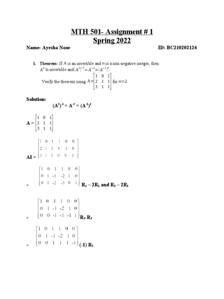 MTH 501-Assignment # 1 Spring 2022: Name: Ayesha Noor ID: BC210202124 | PDF
