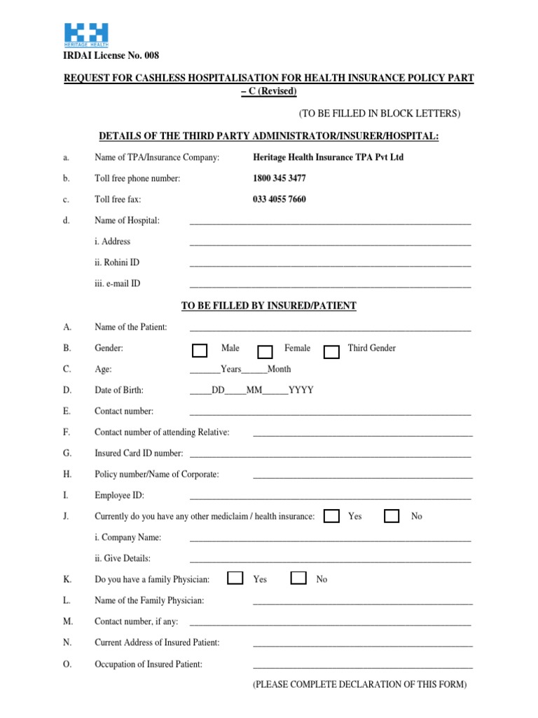 Heritage Health - Pre Auth Form | PDF | Insurance | Hospital
