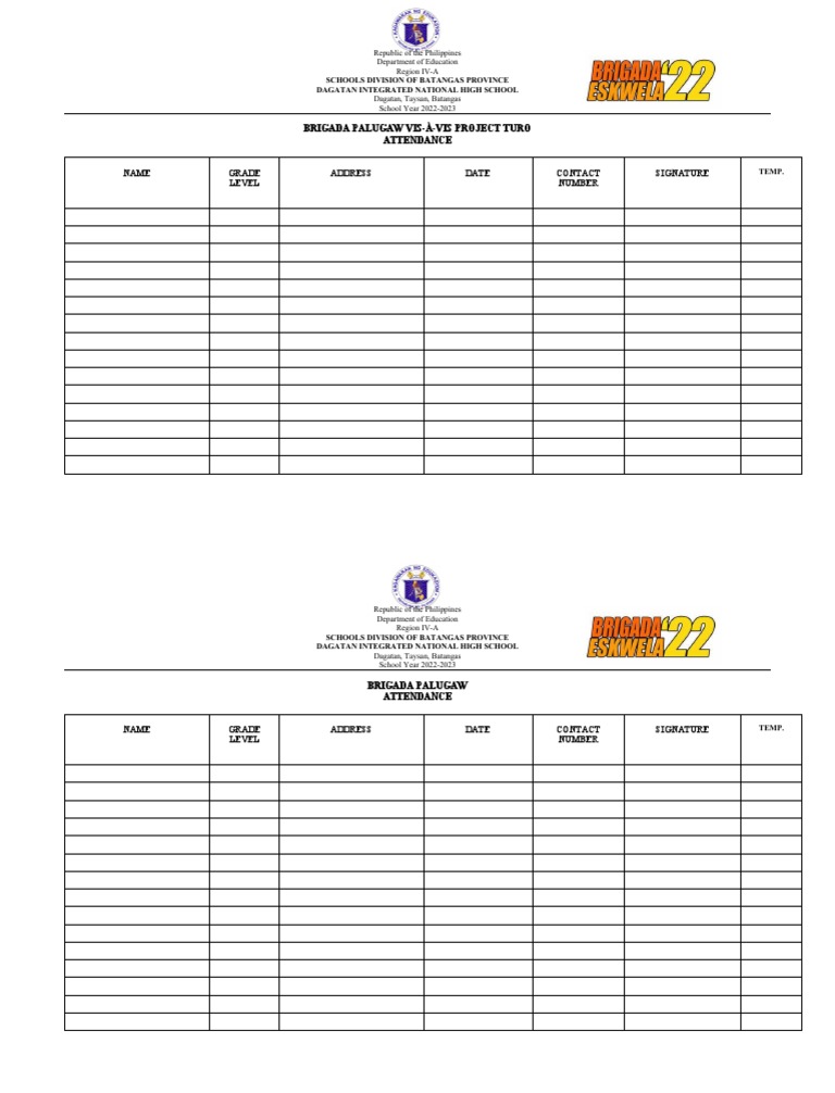 Brigada Palugaw Vis-À-Vis Project Turo Attendance: Name Grade Level ...