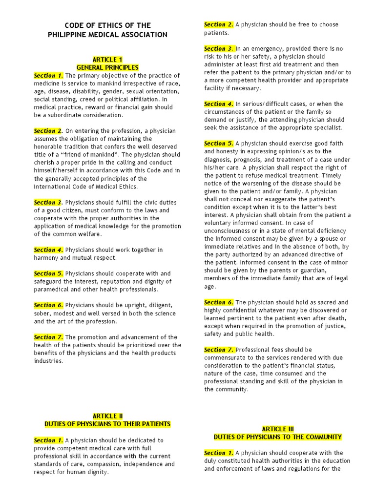 Code of Ethics of The Philippine Medical Association: Article 1 General Principles | PDF ...