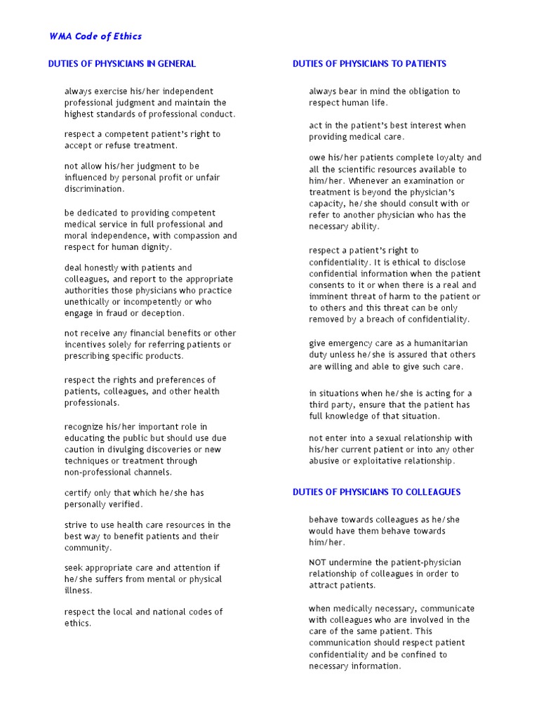 WMA Code of Ethics: Duties of Physicians in General Duties of ...