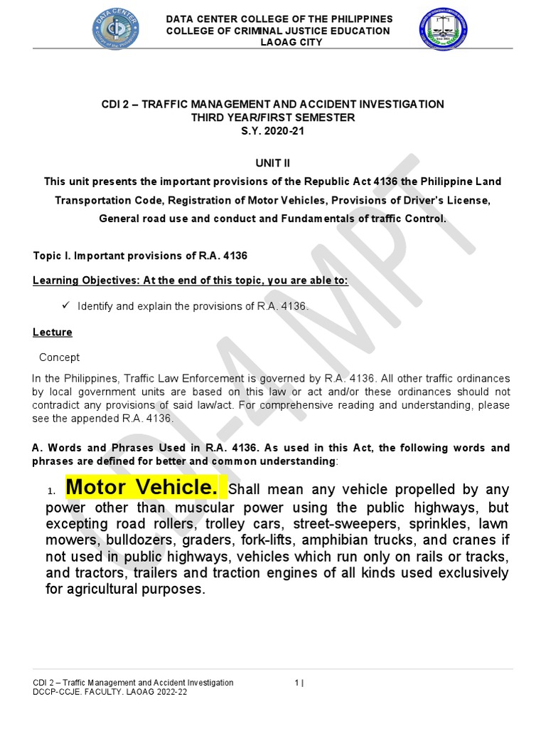 Motor Vehicle.: CDI 2 - Traffic Management and Accident Investigation 1 ...