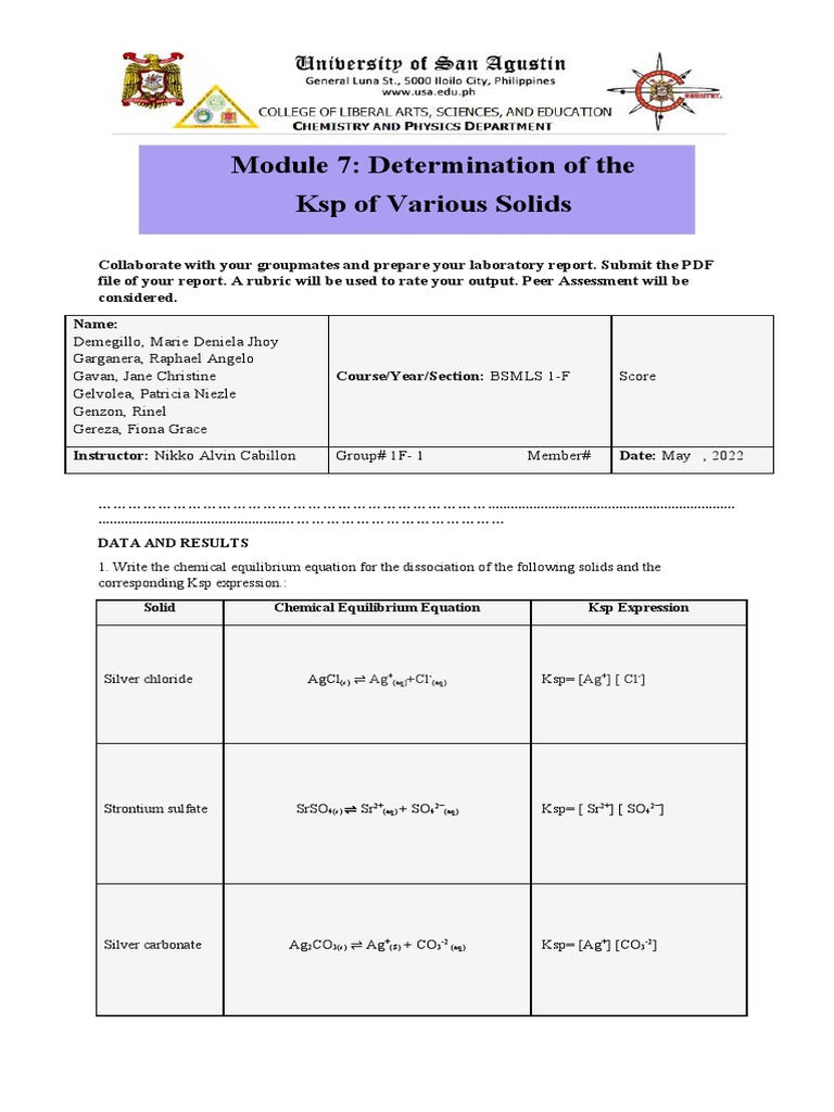 Module 7: Determination of The KSP of Various Solids | Download Free ...