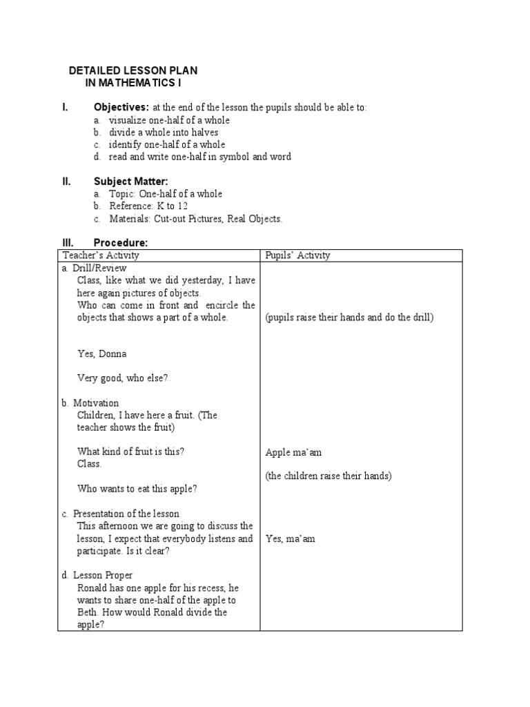 Detailed Lesson Plan in Mathematics I I. Objectives: at The End of The ...