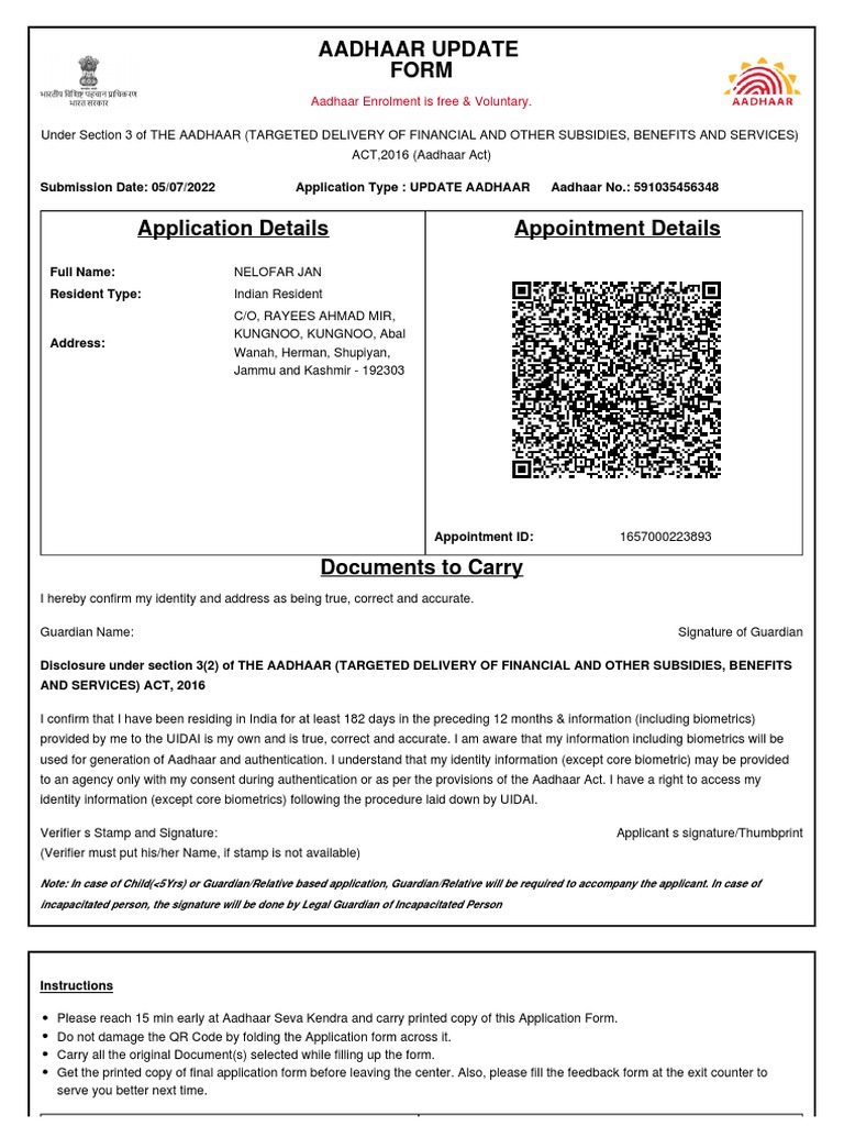 Aadhaar Update Form: Aadhaar Enrolment Is Free & Voluntary | PDF ...