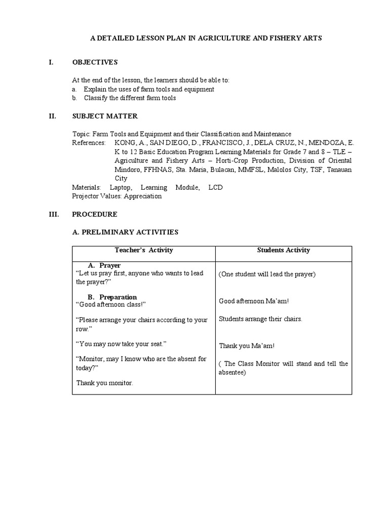 A Detailed Lesson Plan in Agriculture and Fishery Arts I. Objectives ...