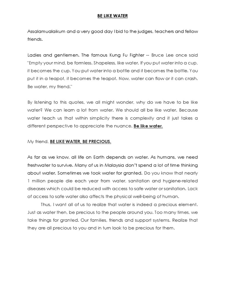 SKSB_PUBLIC SPEAKING SCRIPT_BE LIKE WATER | PDF | Water | Cognitive Science