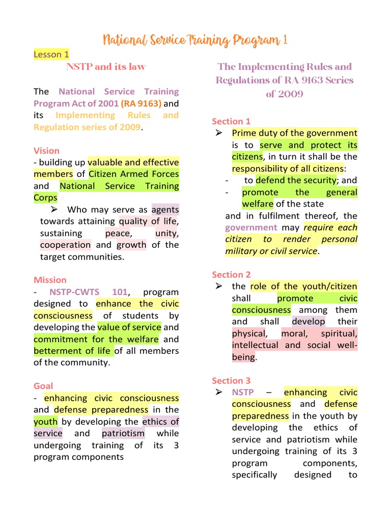NSTP and Its Law: National Service Training Program Act of 2001 | PDF ...