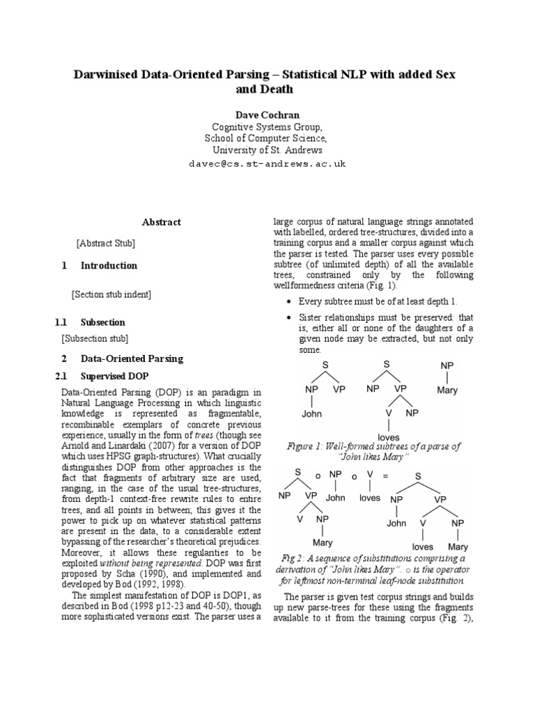 Darwinised Data Oriented Parsing Statistical Nlp With Added Sex And Death Pdf Parsing 