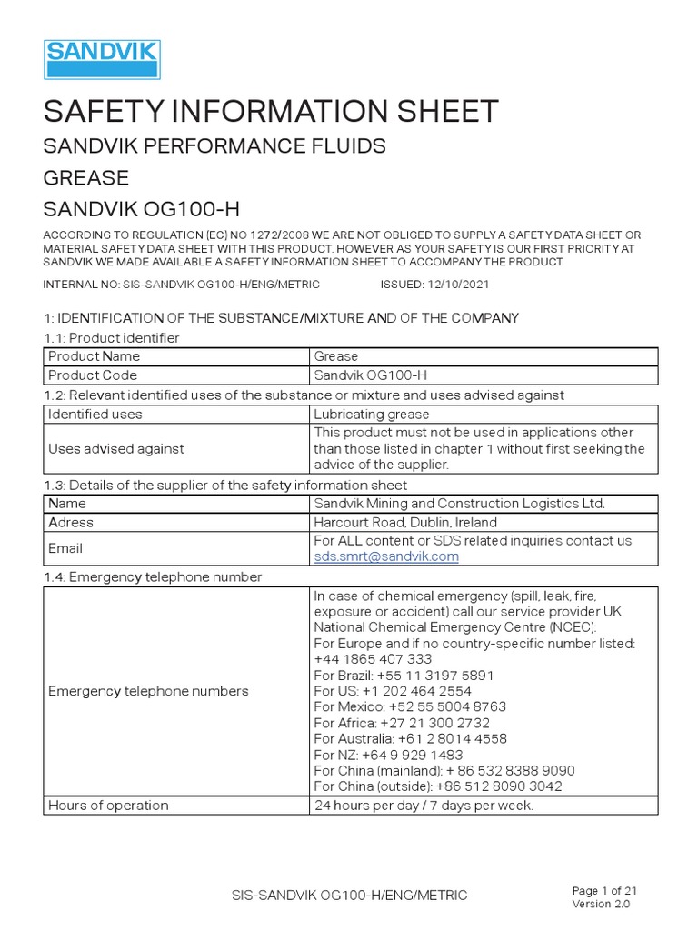 MSDS - Sandvik OG100-H_ENG_V2.0 | PDF | Firefighting | Toxicity