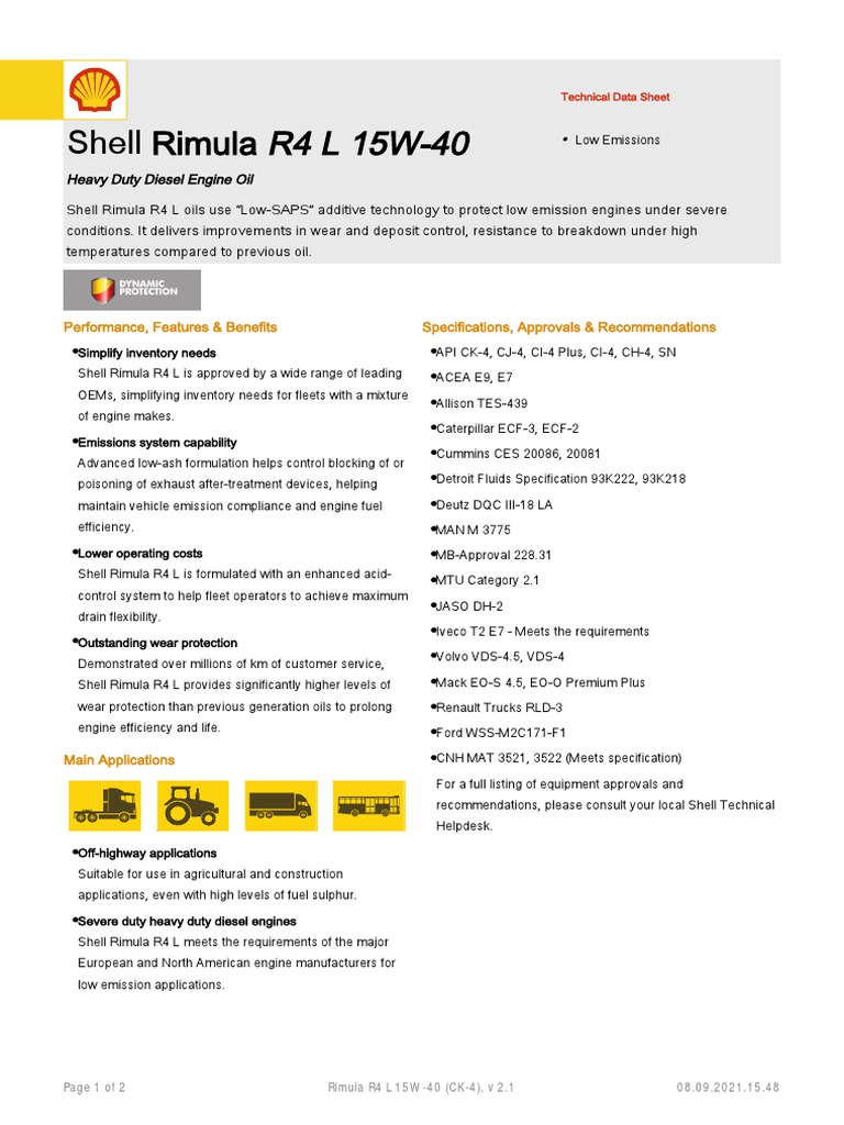 Shell Rimula R4 L 15W-40 Overview | PDF | Motor Oil