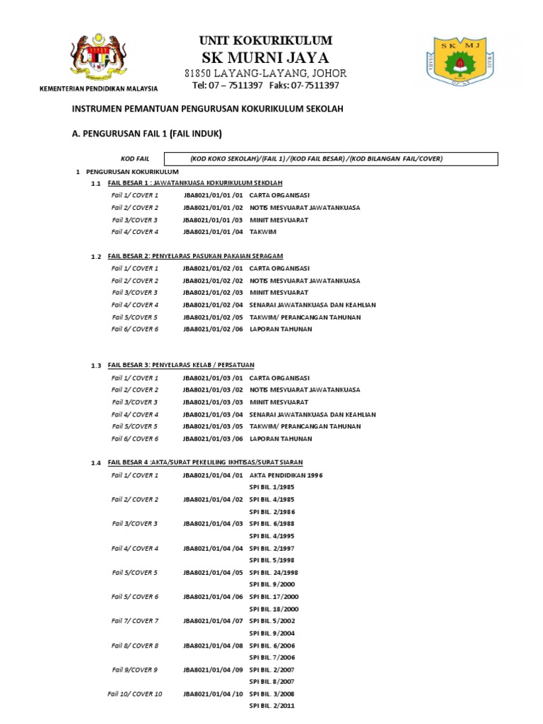 Kod Fail Pengurusan Kokurikulum | PDF