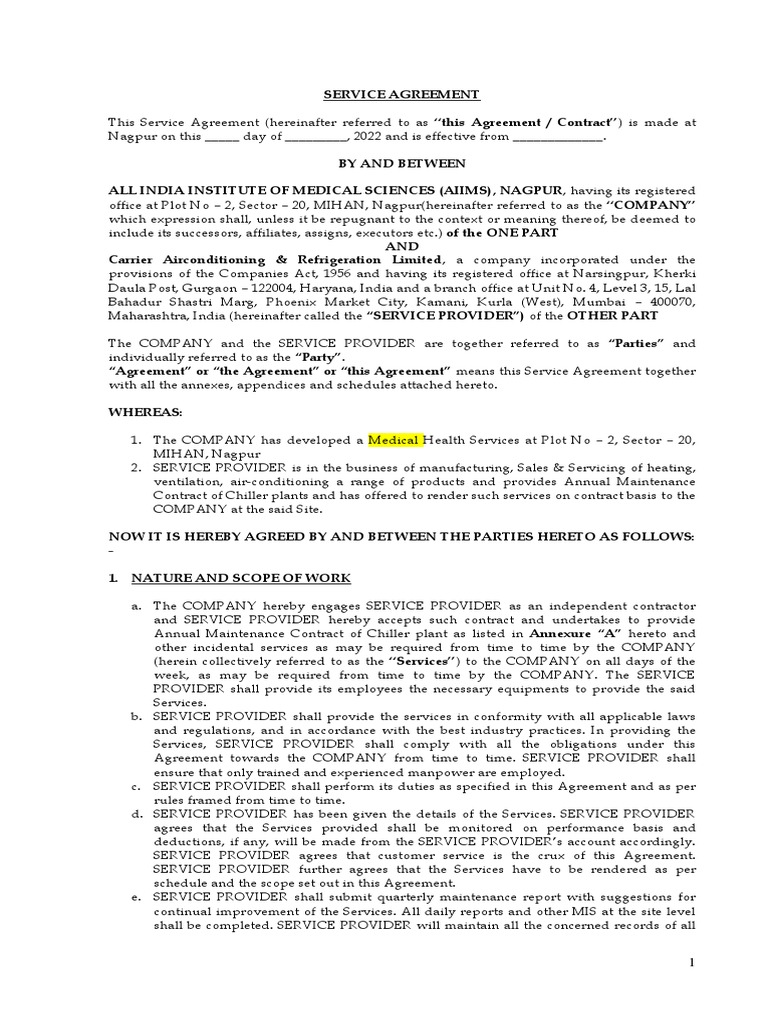 Service Agreement for AMC of Chiller Plant | PDF | Employment