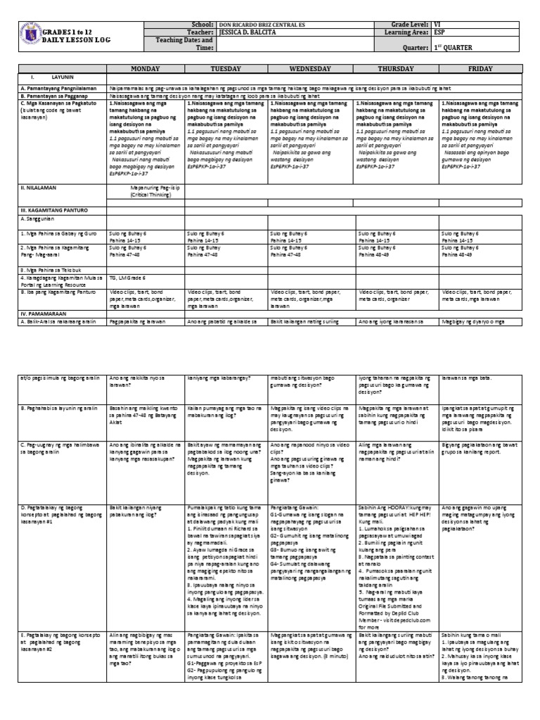 Grade 6 DLL ESP 6 Q1 Week 1 | PDF