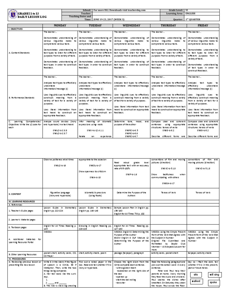 Grade 6 DLL ENGLISH 6 Q1 Week 3 | PDF | English Language | Learning