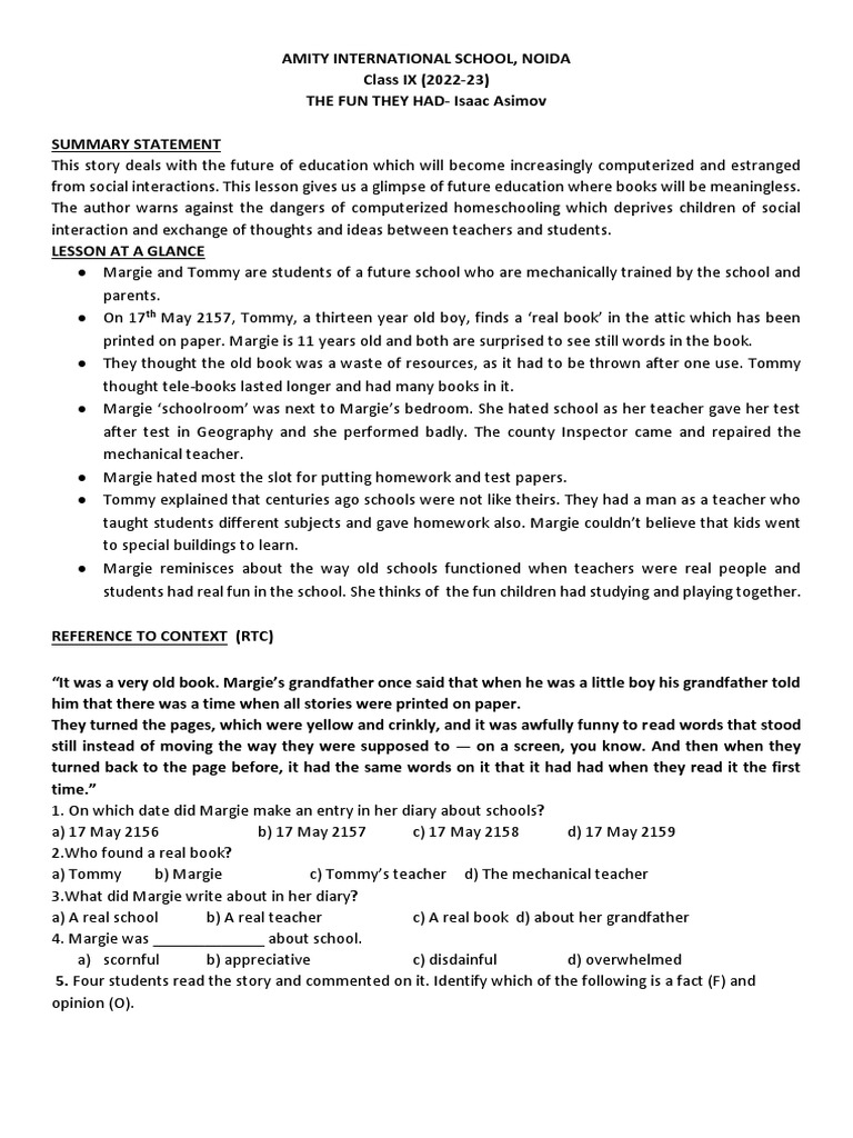 Handout - The Fun They Had - Class IX - 2022-23 (1994) | PDF | Language ...