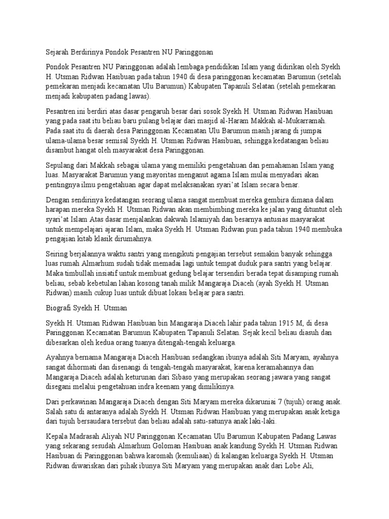 Sejarah Berdirinya Pondok Pesantren NU Paringgonan | PDF | Ilmu Sosial | Kesehatan Holistik