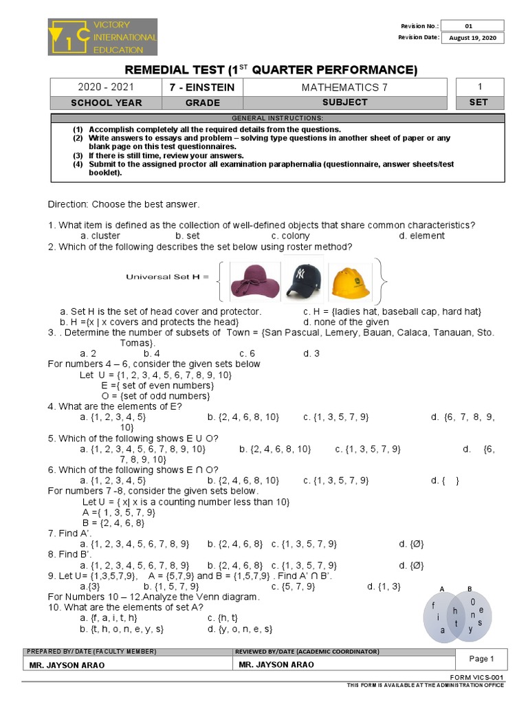 Grade 7 Mathematics Remedial Test | PDF | Test (Assessment) | Numbers