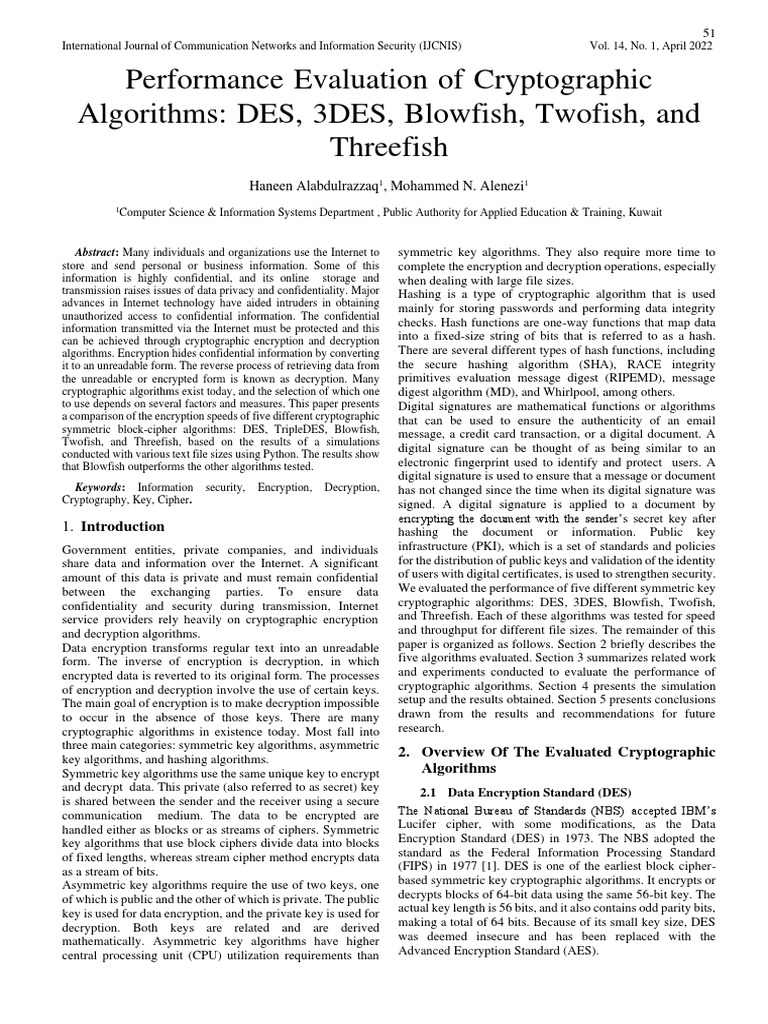 Performance Evaluation of Cryptographic Algorithms: DES, 3DES, Blowfish, Twofish, and Threefish ...