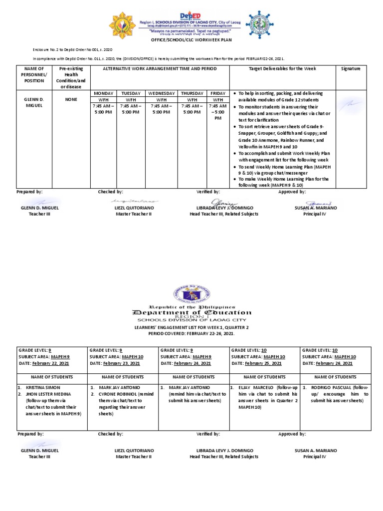 DepEd Workweek Plan Feb 22-26, 2021 | PDF