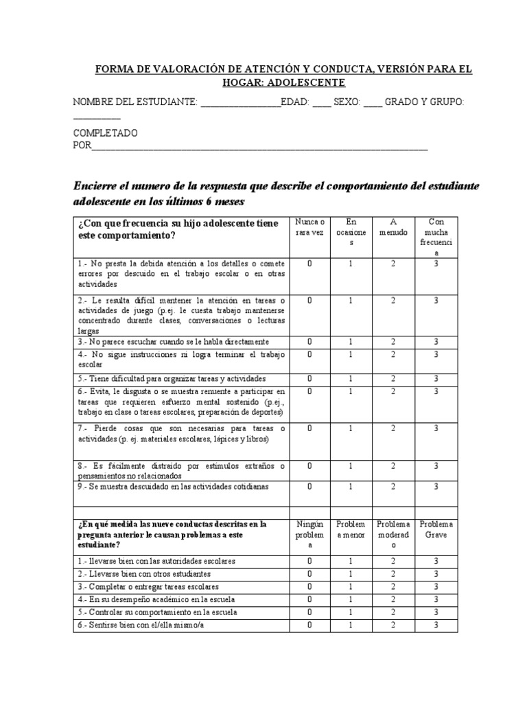 Prueba Tdah Version Escuela | PDF | Comportamiento | Sicología