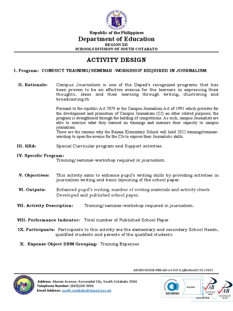 Department of Education: Activity Design | PDF | Meal | Food And Drink