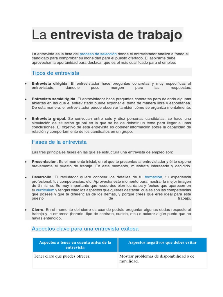 Claves para una Entrevista Laboral Exitosa | PDF | Entrevista de ...