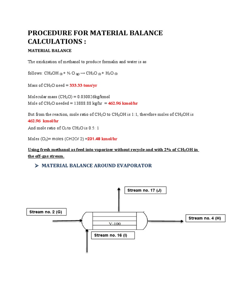 MATERIAL BALANCE CALCULATIONS | PDF | Methanol | Mole (Unit)