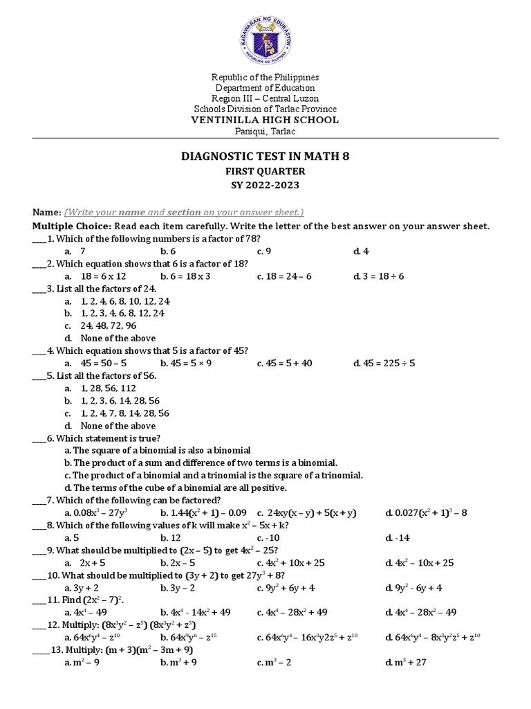 Diagnostic Test in Math 8: Ventinilla High School | PDF | Factorization ...