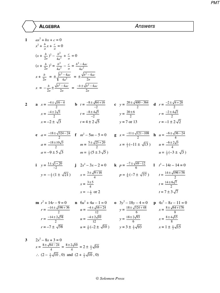 04b. Quadratics - The Quadratic Formula and The Discriminant - Answers ...