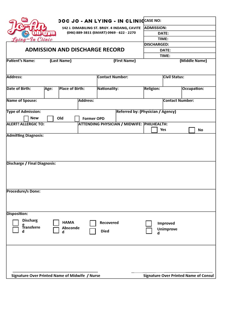 Admission and Discharge Record: Doc Jo - An Lying - in Clinic | PDF ...