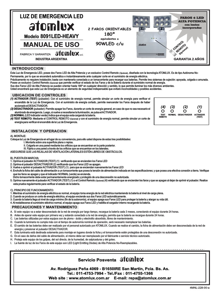 Manual de Uso Luz de Emergencia LED Atomlux Modelo 8091 LED HEAVY ...