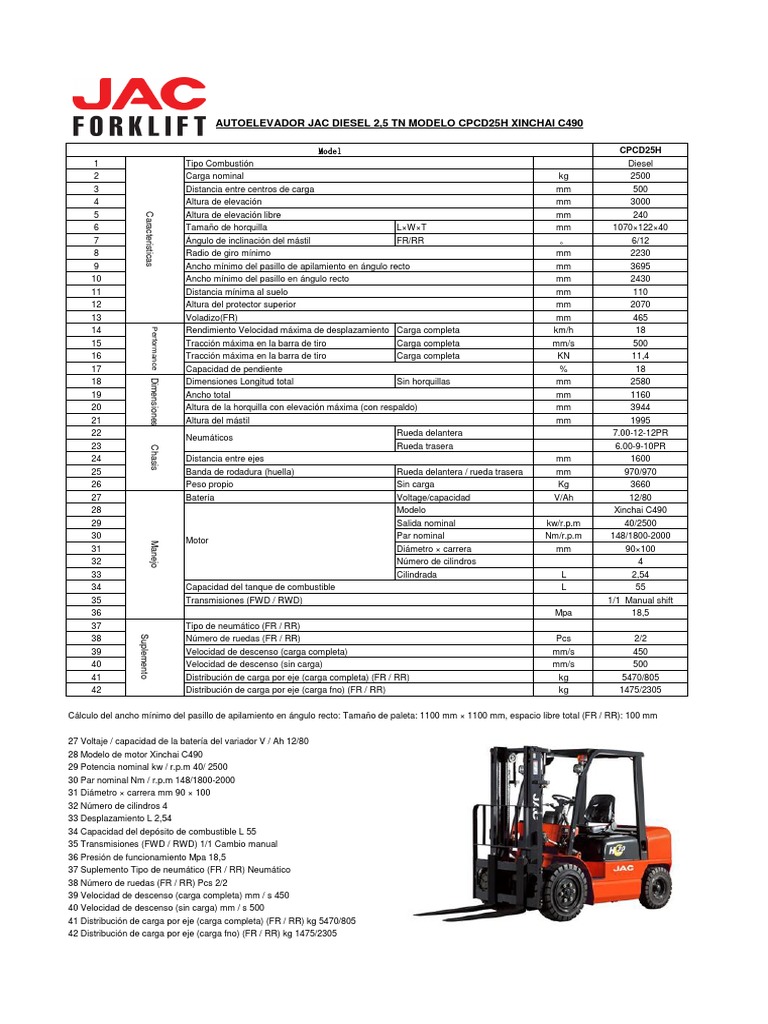 Ficha Ténica Aut. JAC Modelo CPCD25 Serie H Motor Diesel Xinchai C490 | PDF | Tecnologías ...