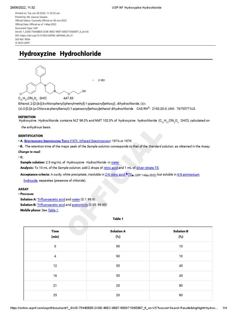 USP-NF Hydroxyzine Hydrochloride | PDF | Chromatography | Scientific Techniques