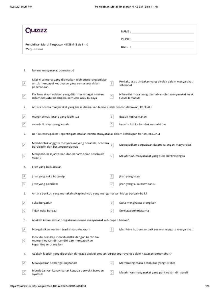Pendidikan Moral Tingkatan 4 KSSM (Bab 1 - 4) | PDF
