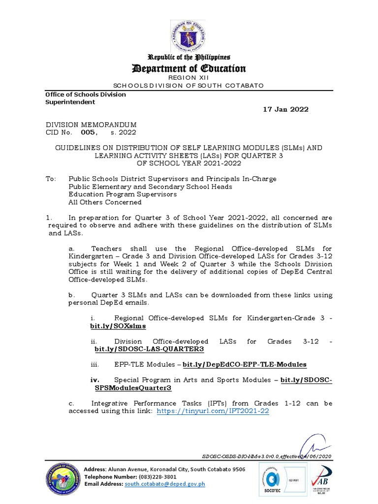 DM CID No. 005 S. 2022 GUIDELINES ON DISTRIBUTION OF SLMs AND LASs FOR ...