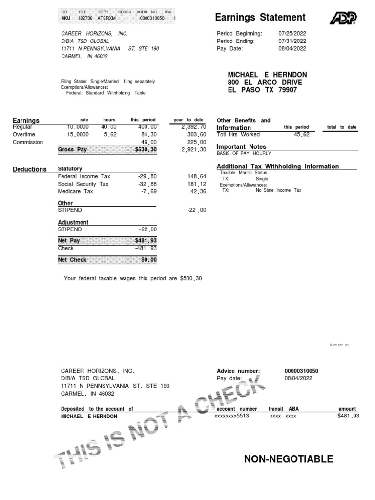 Earnings Statement: Non-Negotiable | PDF | Federal Insurance ...