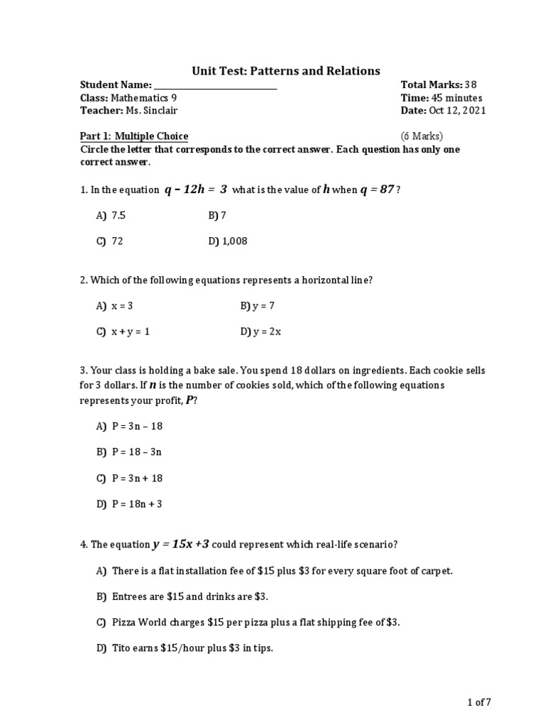 Math Assessment - Test | PDF | Equations | Mathematics